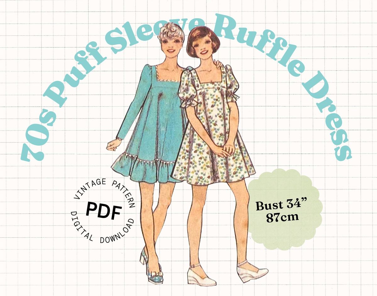 Vintage 70s Puff Sleeve Ruffle Dress by Sewly Slowly | Threadloop