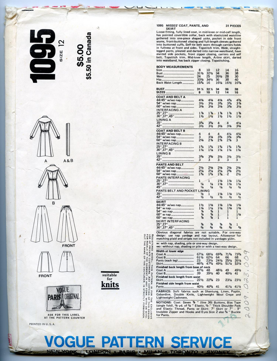 1095 | Misses' Coat, Pants, and Skirt by Vogue and | Threadloop